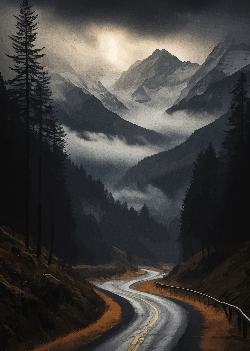 'Mountain Road Landscape Painting' Poster, picture, metal print, paint by Werner Mayert | Displate