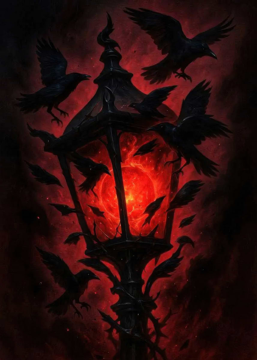 'Crows around a fiery lantern' Poster, picture, metal print, paint by ...