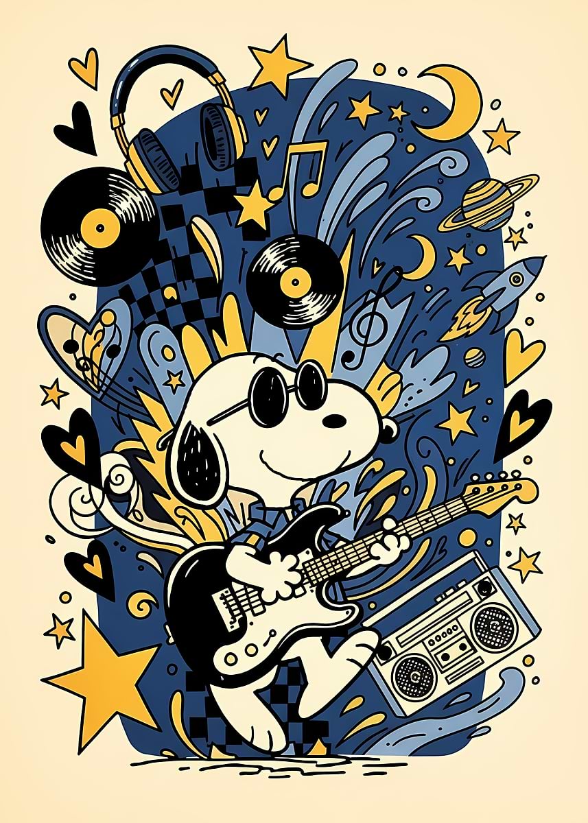 'Snoopy Rock Star Doodle Art' Poster, picture, metal print, paint by ...