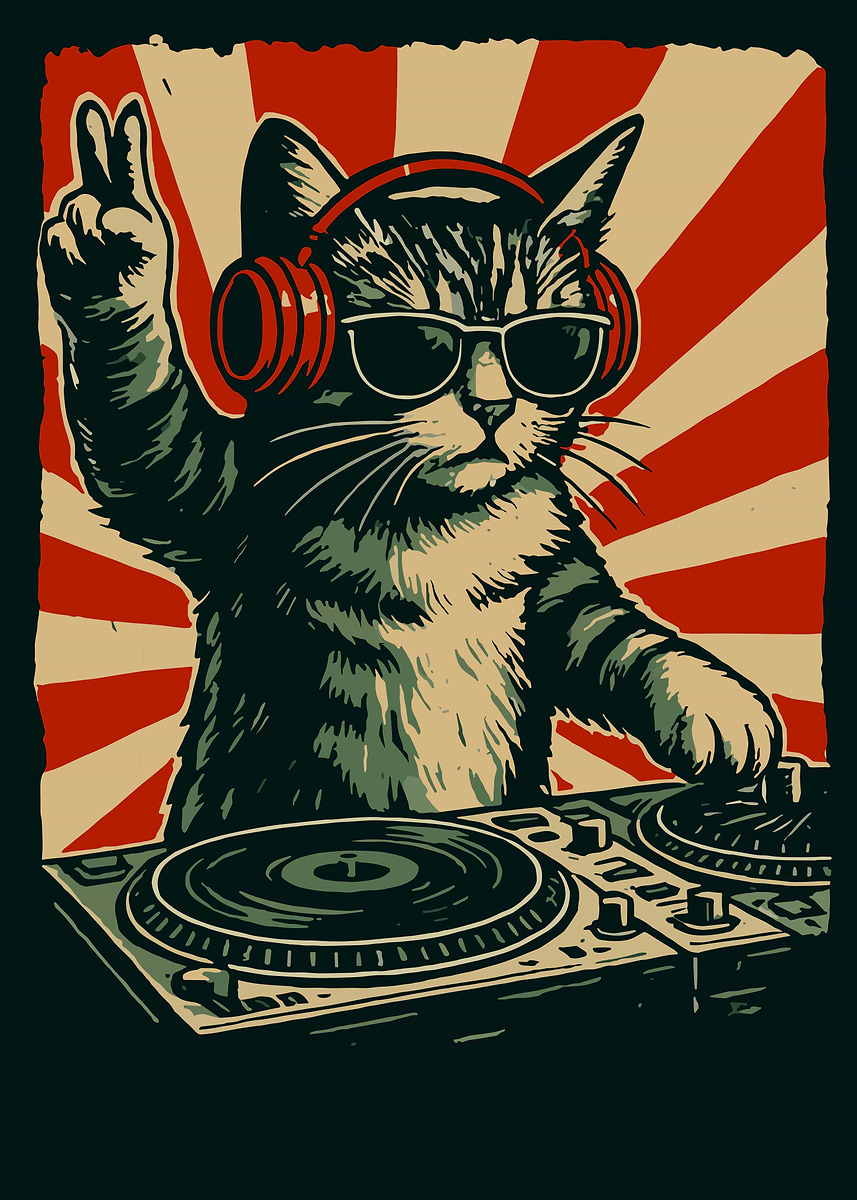 'DJ Cat Poster, Cool Cat Music Wall Art, Vintage Style DJ Illustration ...