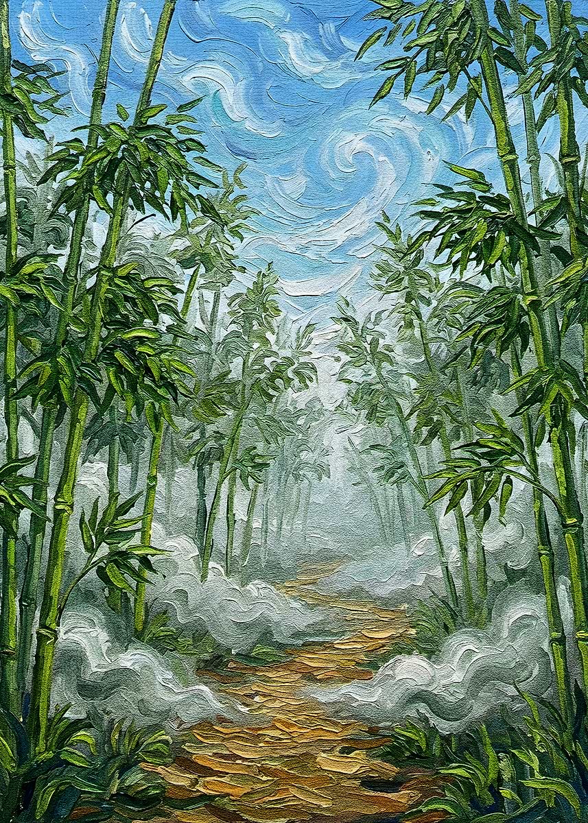 'Bamboo Forest Path Oil Painting' Poster, picture, metal print, paint ...