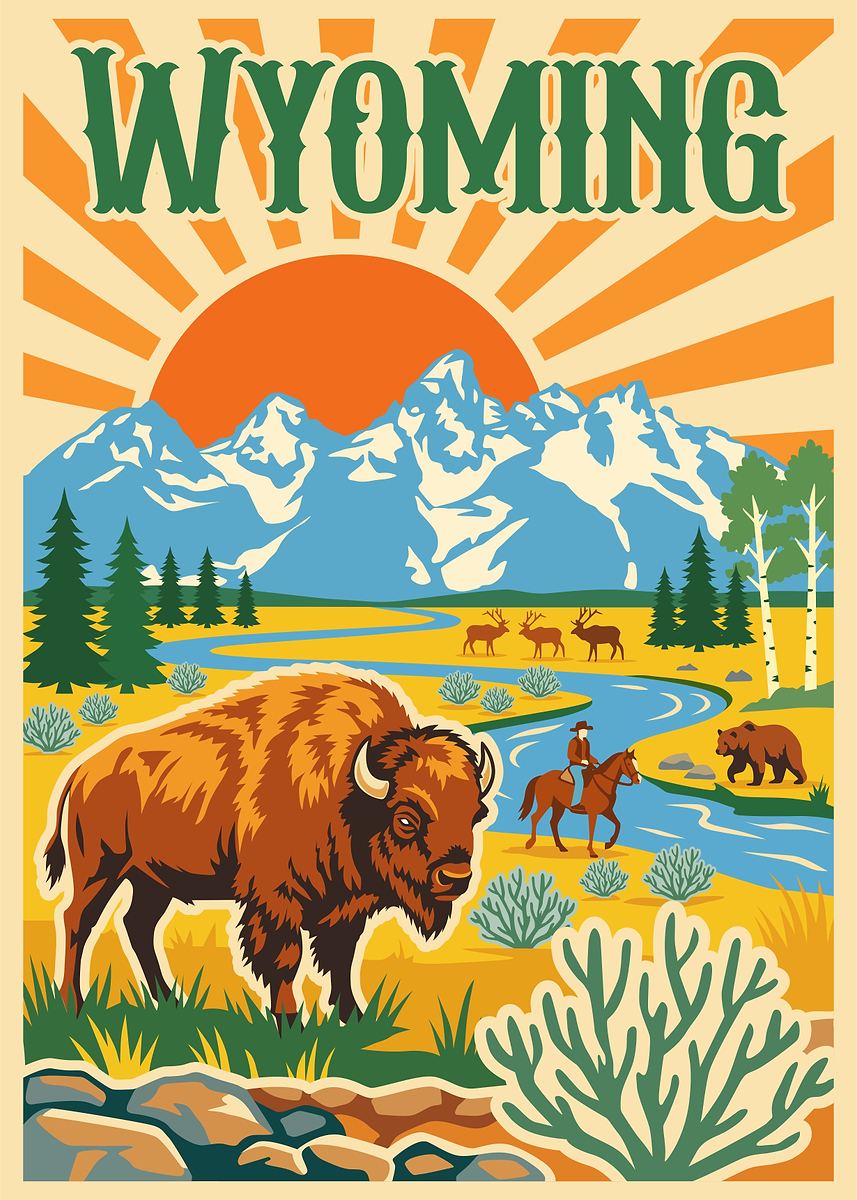 'Wyoming Landscape Illustration with Wildlife' Poster, picture, metal ...