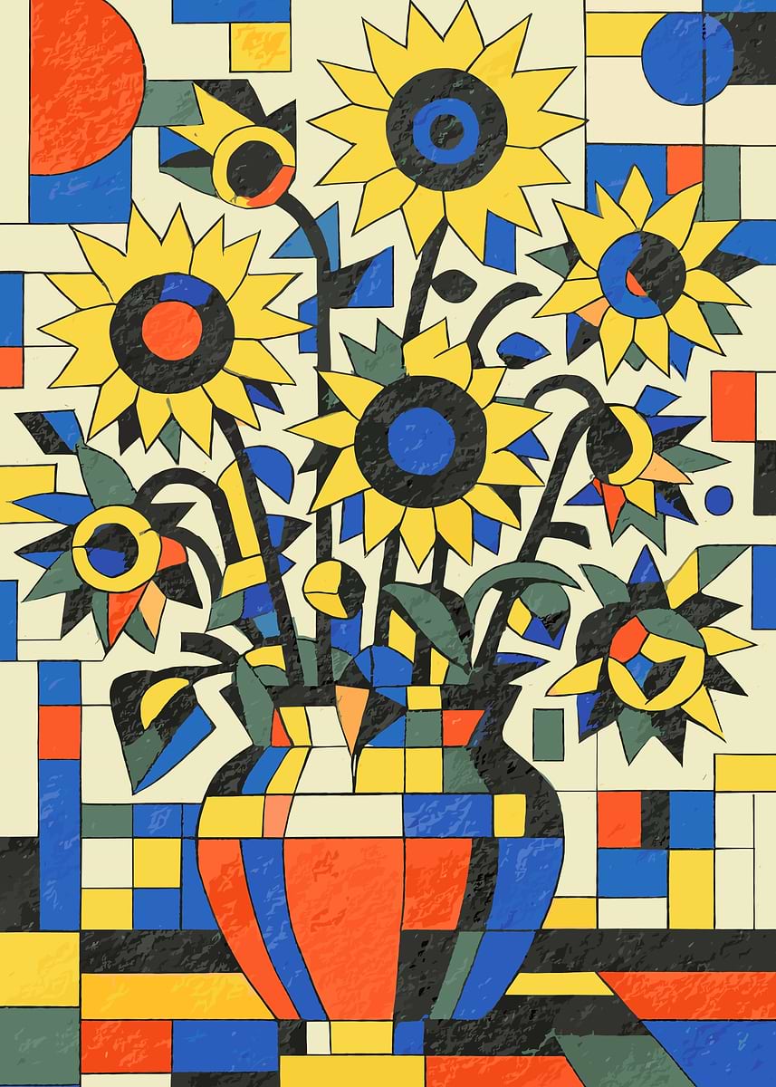 'Geometric Sunflower Still Life' Poster, picture, metal print, paint by ...