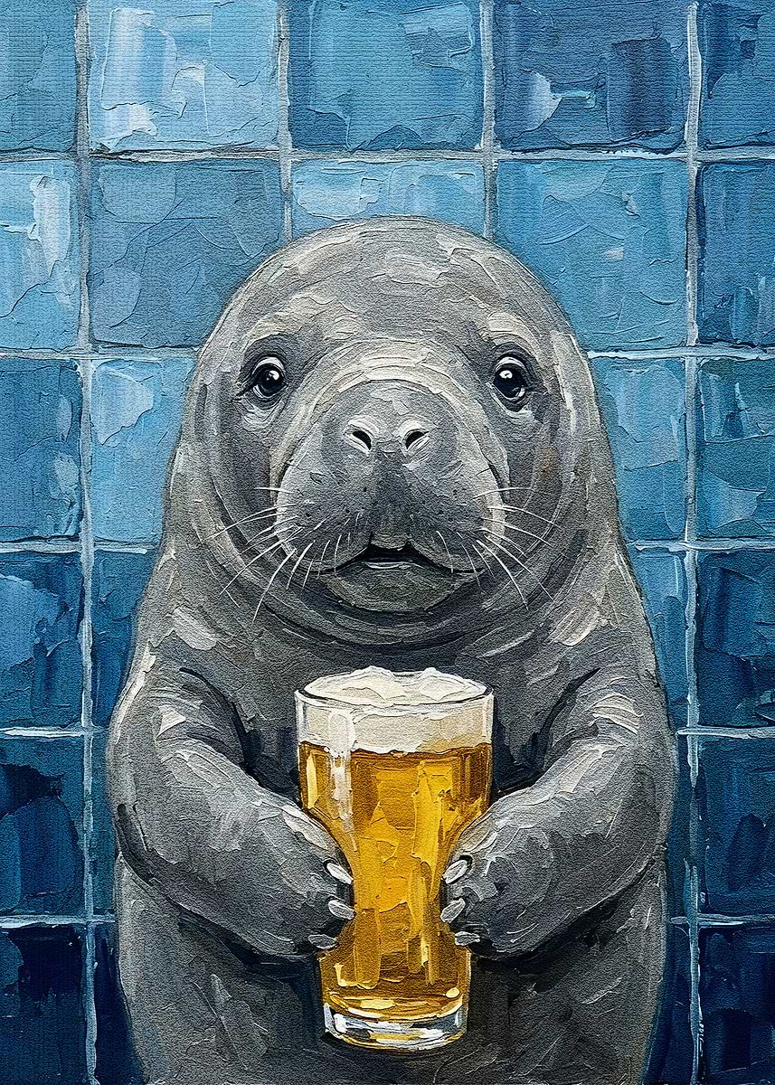'Manatee with Beer Painting' Poster, picture, metal print, paint by ...