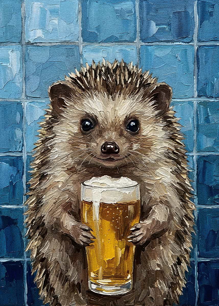 'Hedgehog with Beer Painting' Poster, picture, metal print, paint by ...