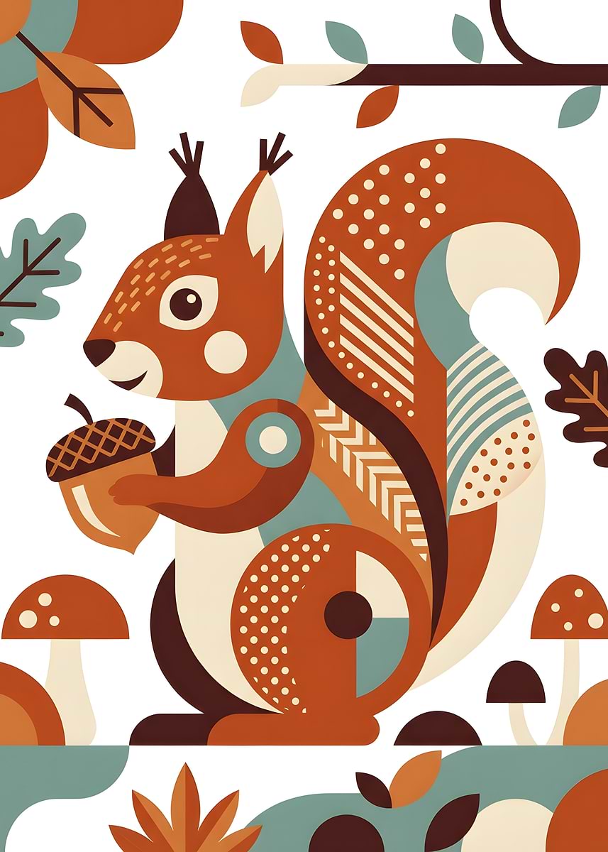 'Geometric Squirrel with Acorn Illustration' Poster, picture, metal ...