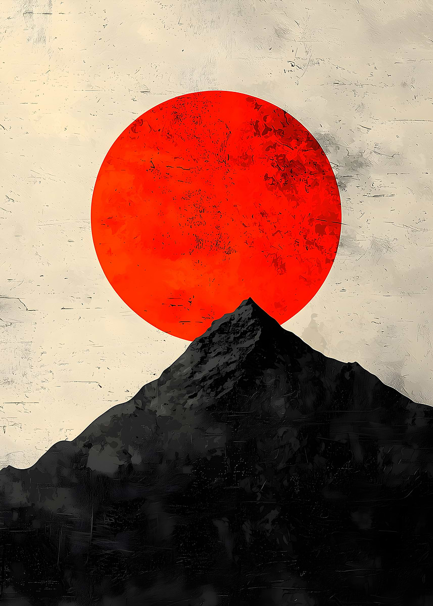 'Red Sun Over Mountain Peak' Poster, picture, metal print, paint by ...