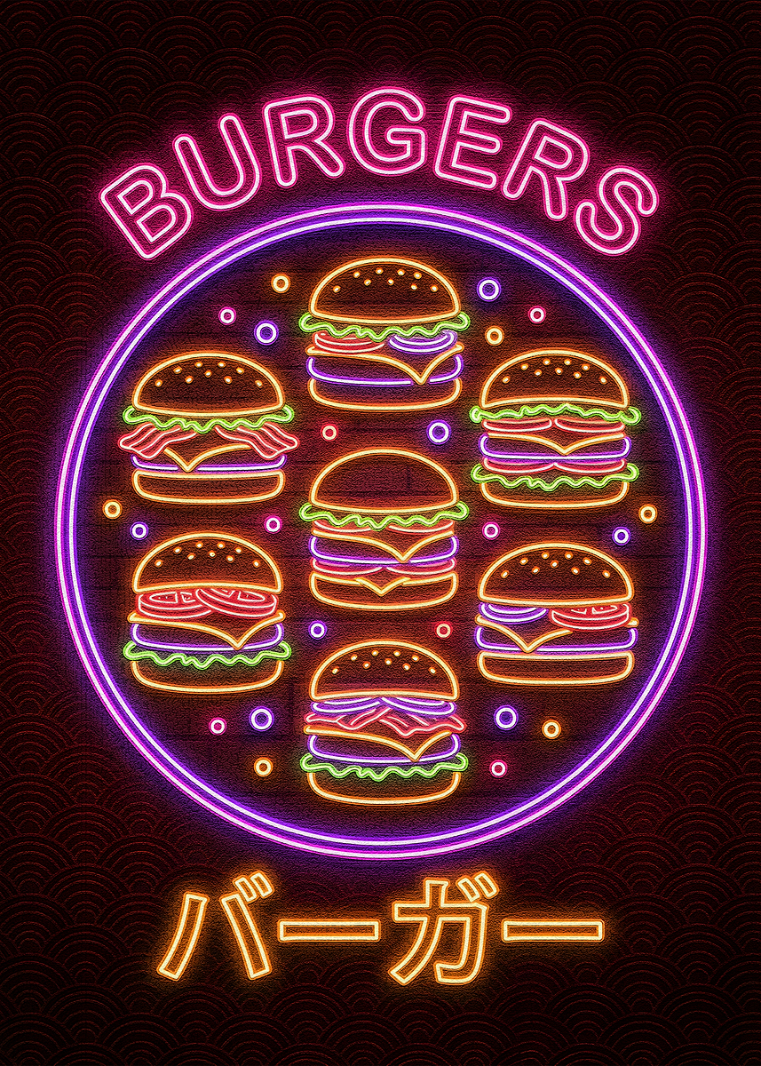 'Neon Burgers Sign' Poster, picture, metal print, paint by Izu | Displate