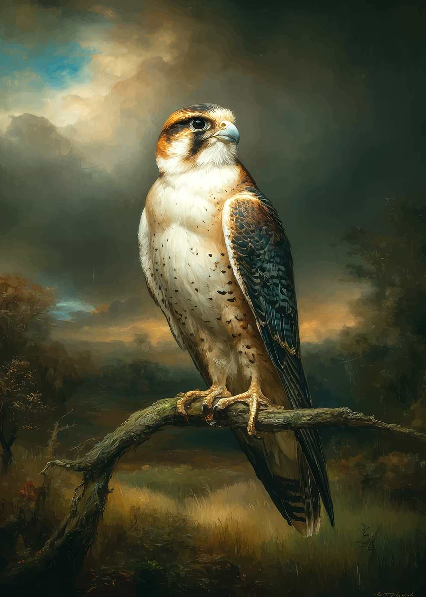 'Majestic Falcon Perched on Branch Painting' Poster, picture, metal ...