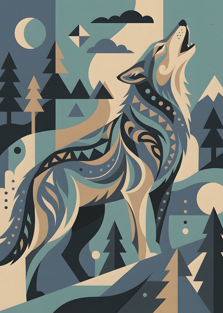 'Geometric Wolf Howling at the Moon' Poster, picture, metal print ...