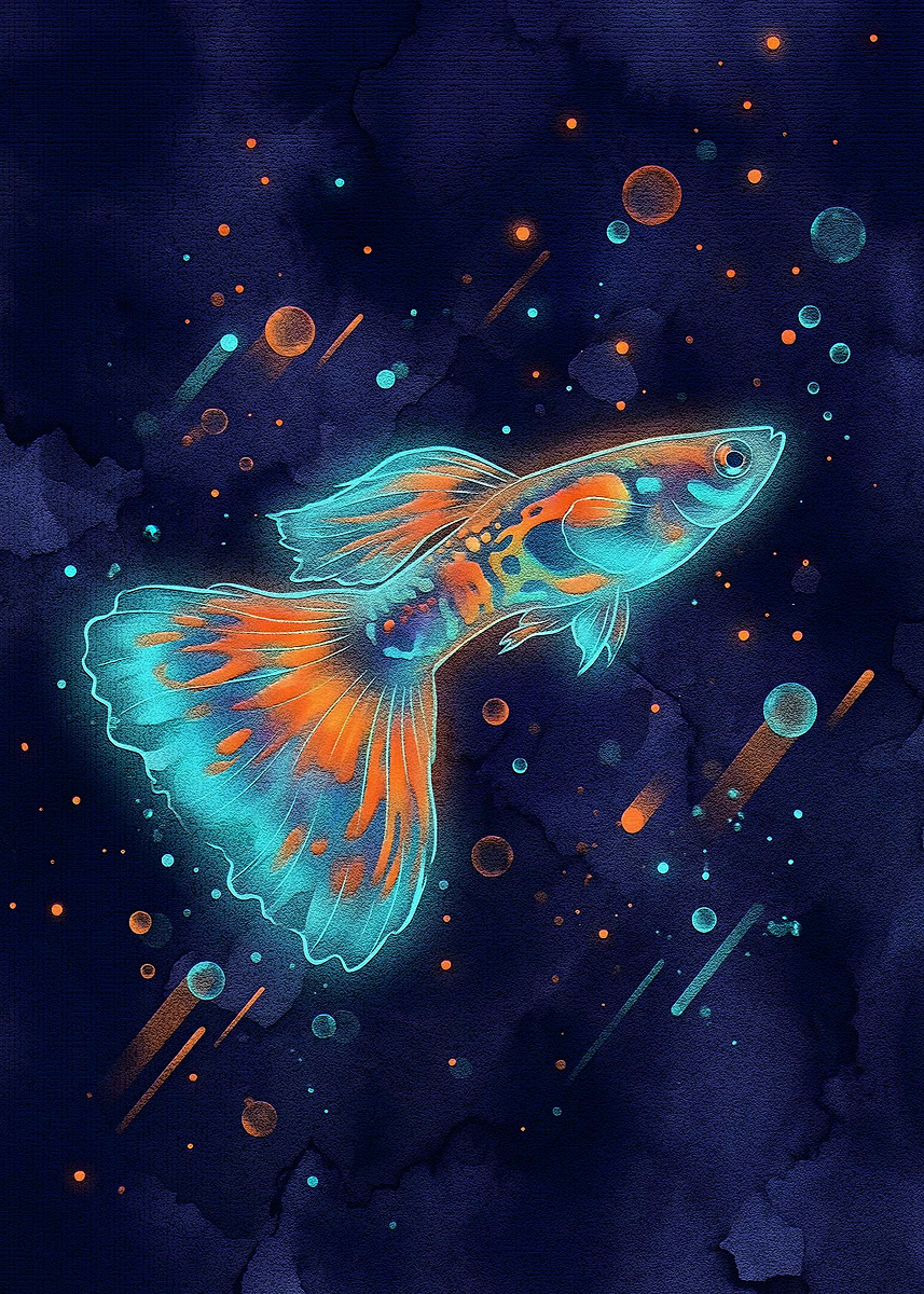 'Glowing Guppy in Deep Blue' Poster, picture, metal print, paint by ...