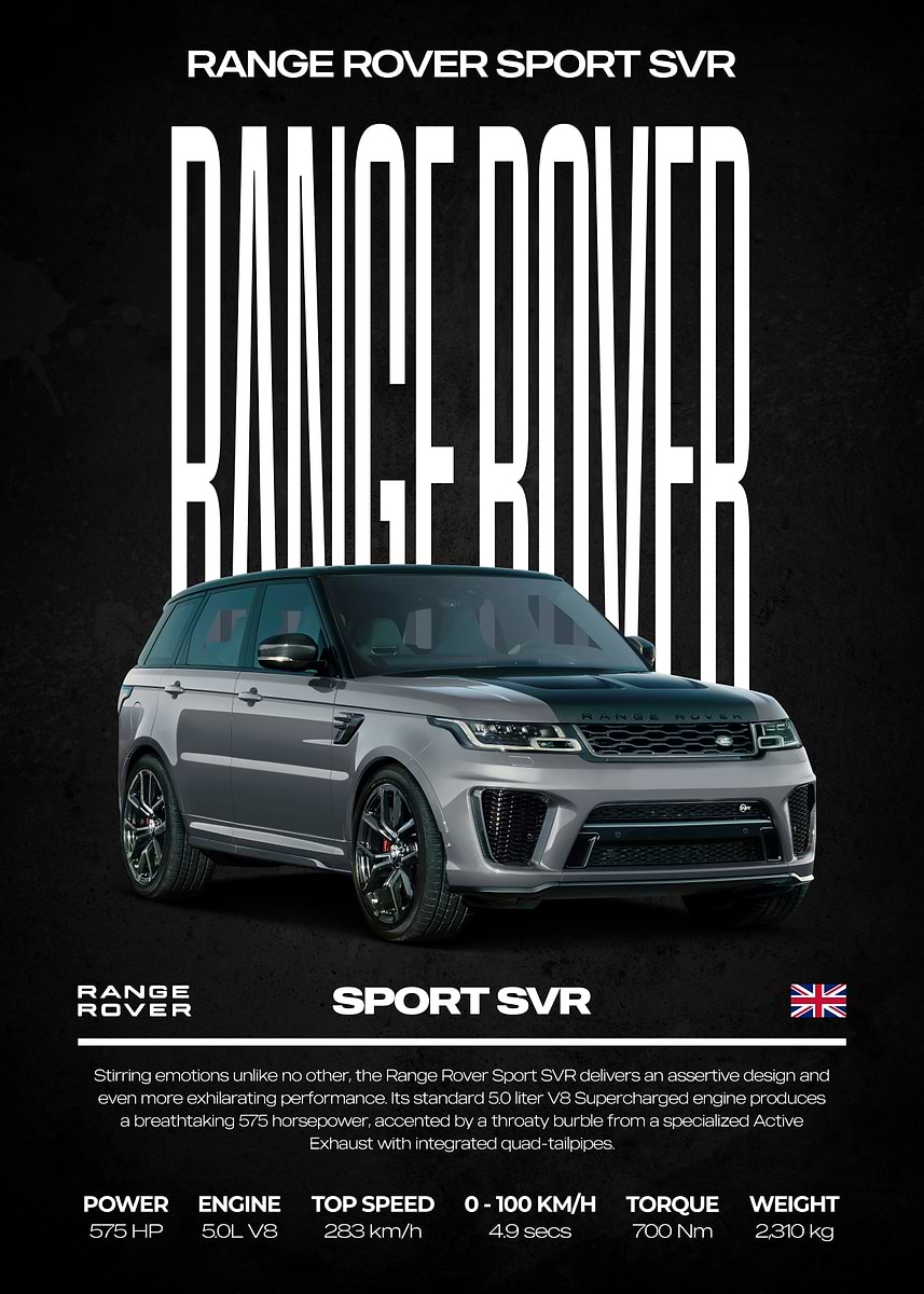 'Range Rover Sport SVR Car Poster' Poster, picture, metal print, paint ...