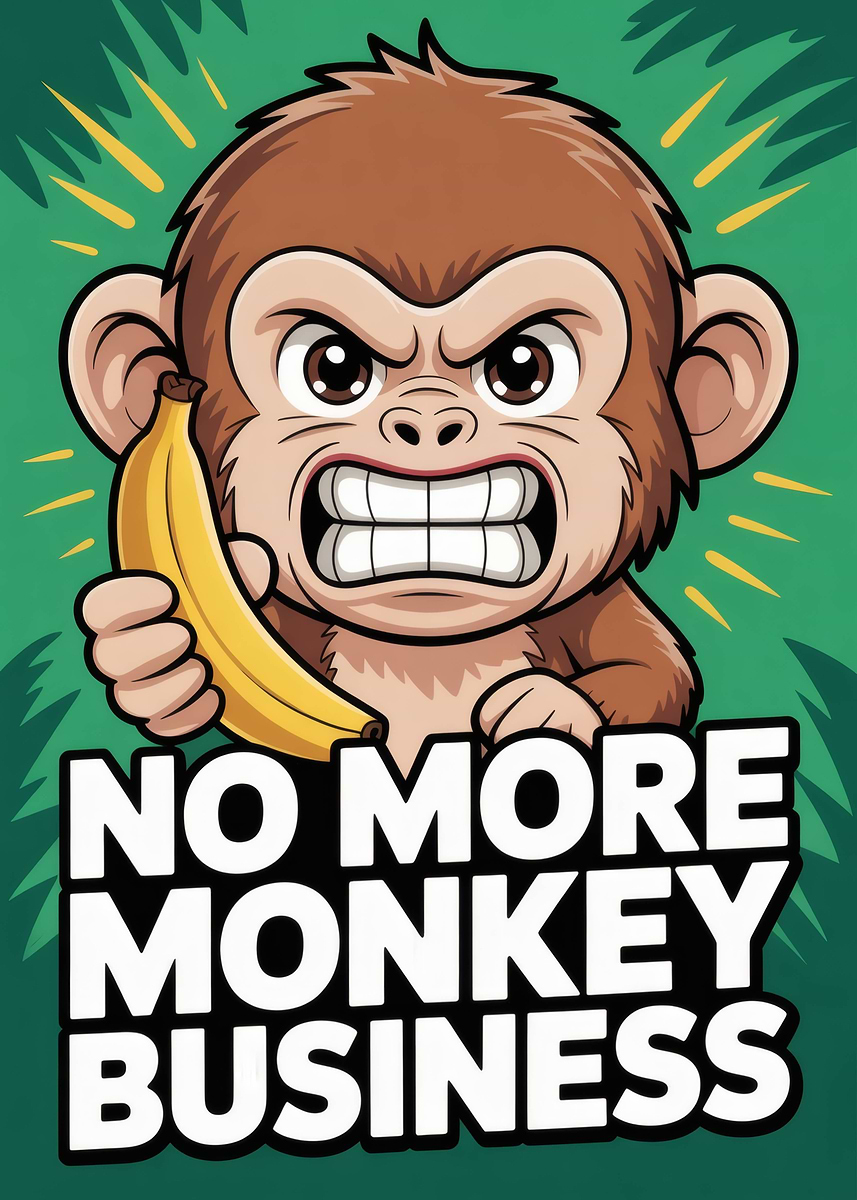 'No More Monkey Business Angry Monkey with Banana Cartoon' Poster ...