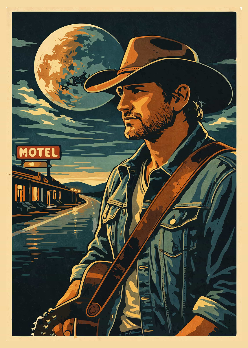 'Country Singer at Motel Under Moonlight' Poster, picture, metal print ...