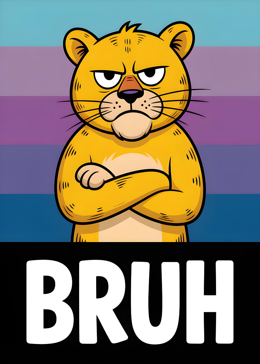 'Cartoon Cat Lion with 'Bruh' Text' Poster, picture, metal print, paint ...