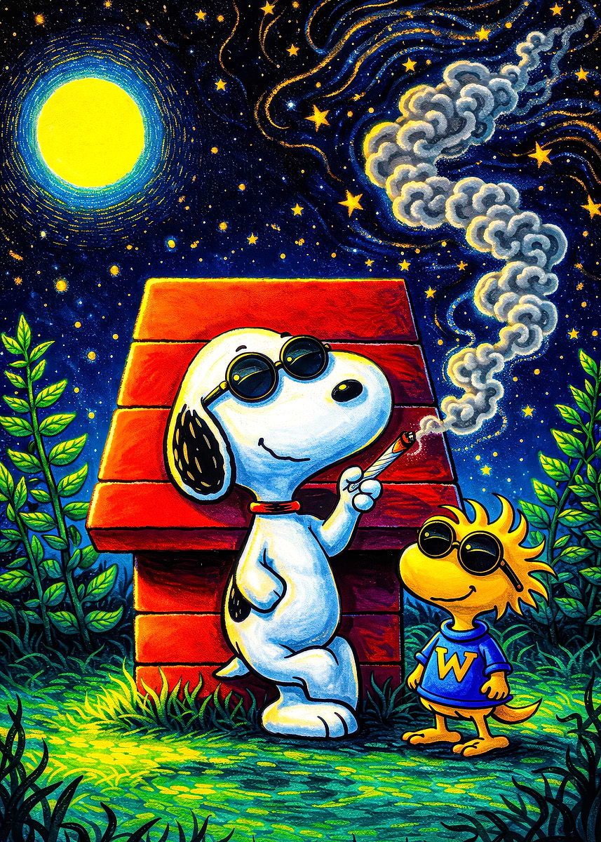 'Snoopy and Woodstock at Night' Poster, picture, metal print, paint by ...