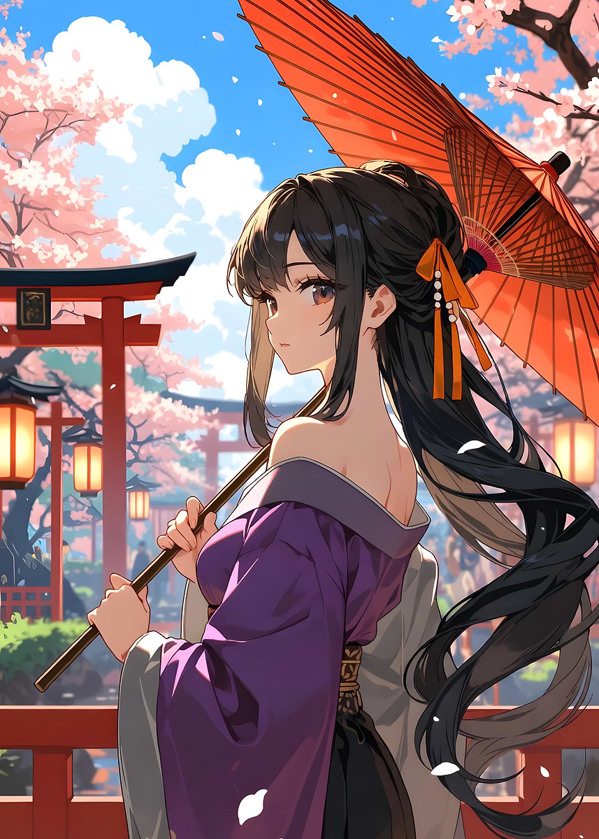 'Anime Girl with Parasol in Japan' Poster, picture, metal print, paint ...