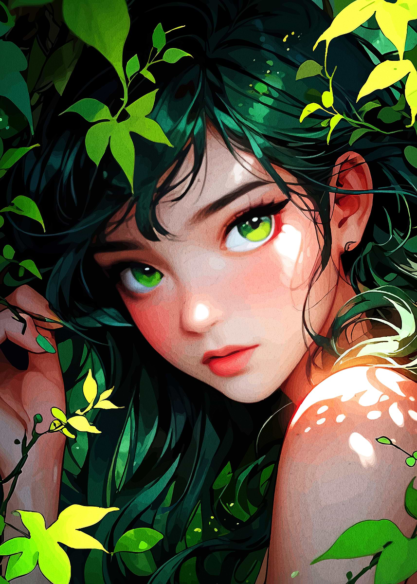 'Green-Eyed Girl in Lush Foliage' Poster, picture, metal print, paint ...