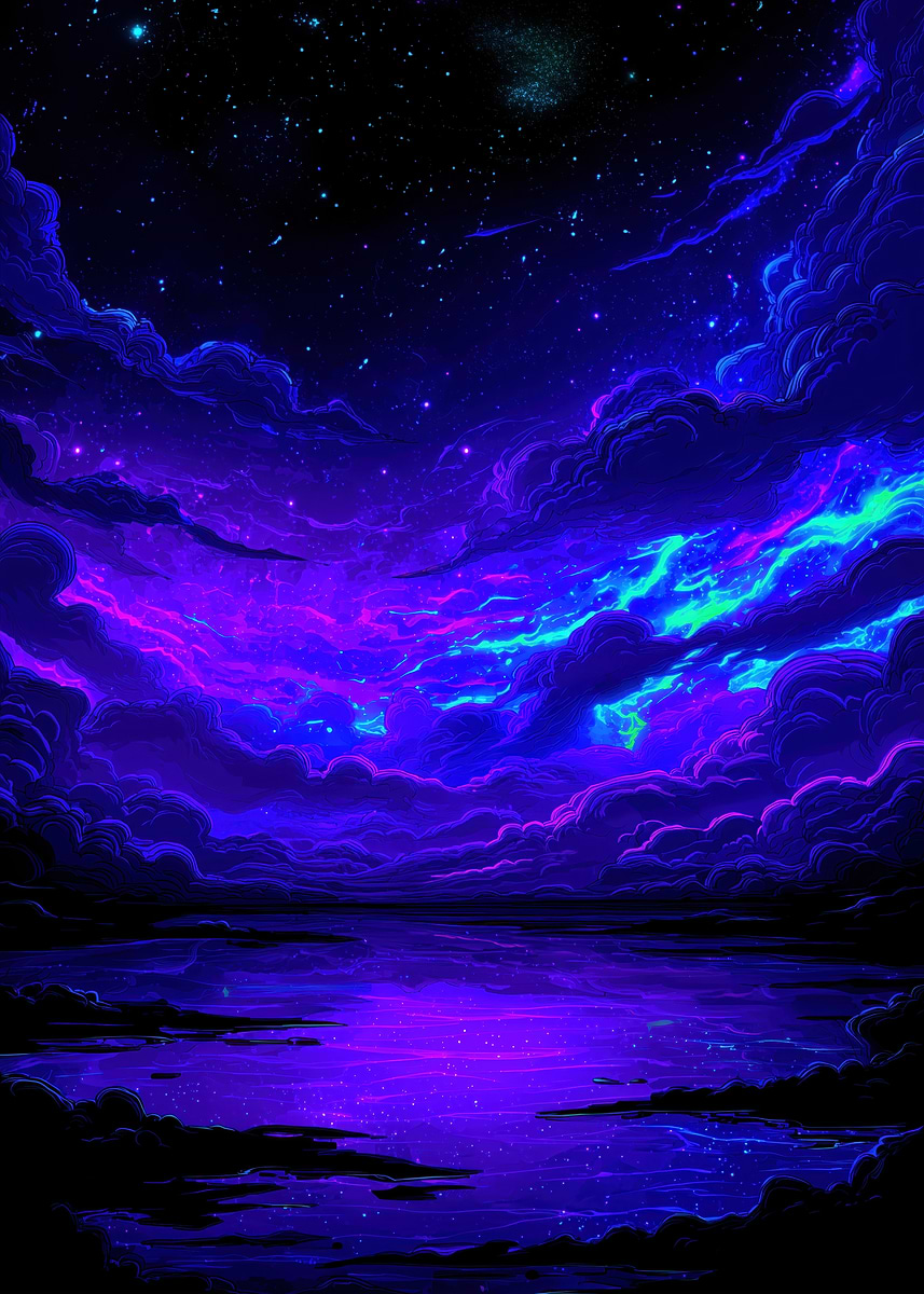 'Neon Night Sky Over Water' Poster, picture, metal print, paint by ...