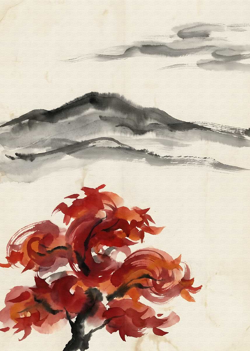 'Japanese Ink Painting: Mountain and Tree' Poster, picture, metal print ...