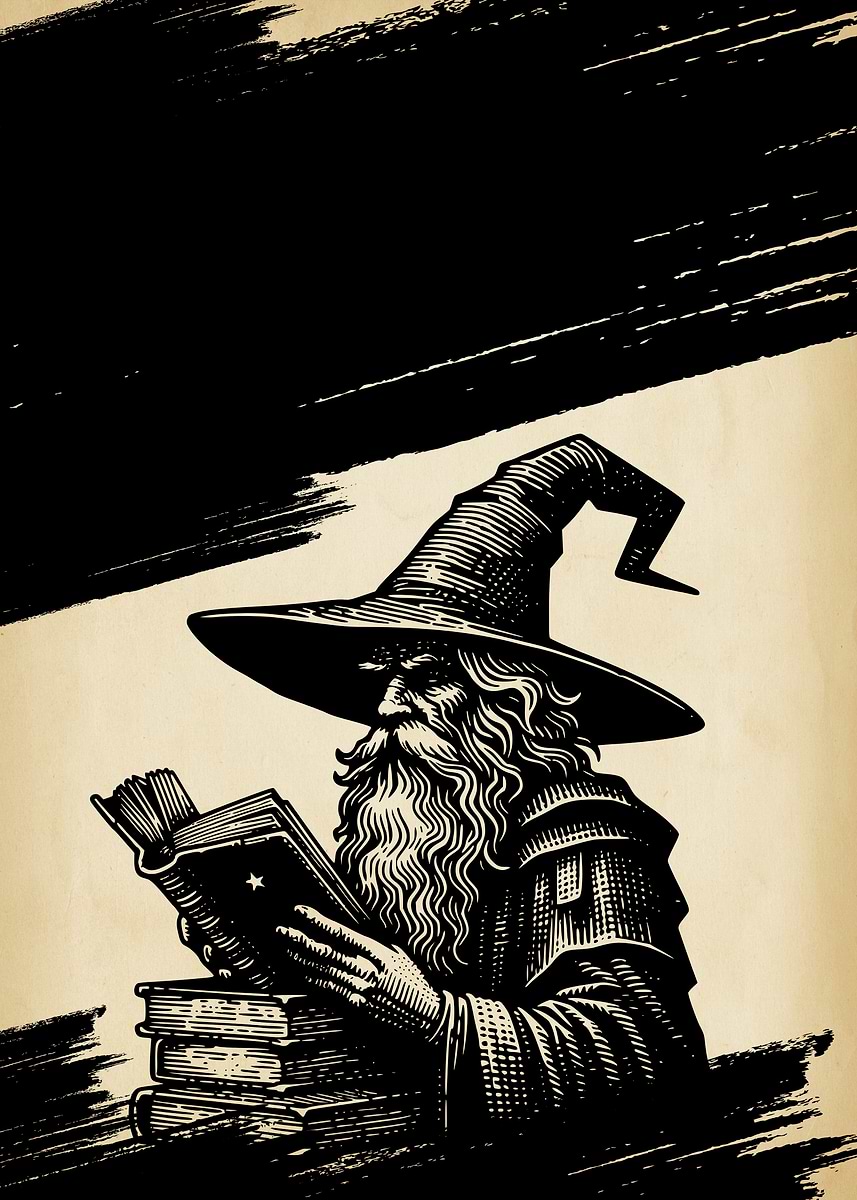 'Wizard Reading a Spellbook Illustration' Poster, picture, metal print ...
