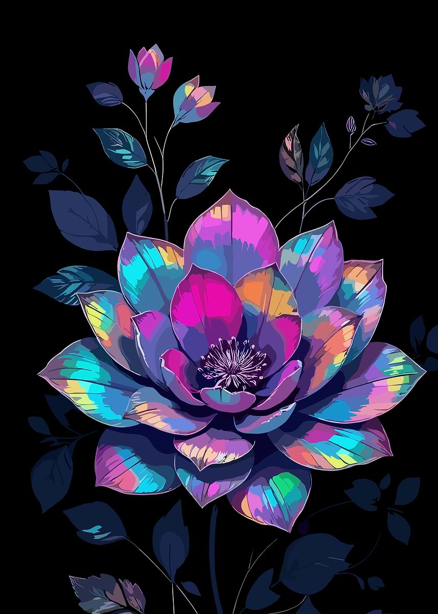 'Colorful Lotus Flower on Black Background' Poster, picture, metal ...