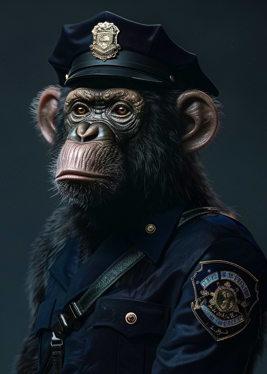 'Chimpanzee in Police Uniform Portrait' Poster, picture, metal print ...