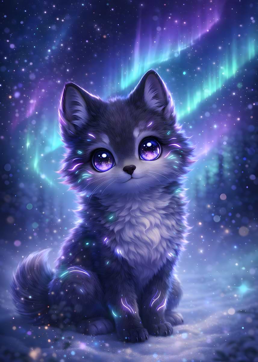 'Cute chibi Wolf Cub Under Aurora Borealis' Poster, picture, metal ...