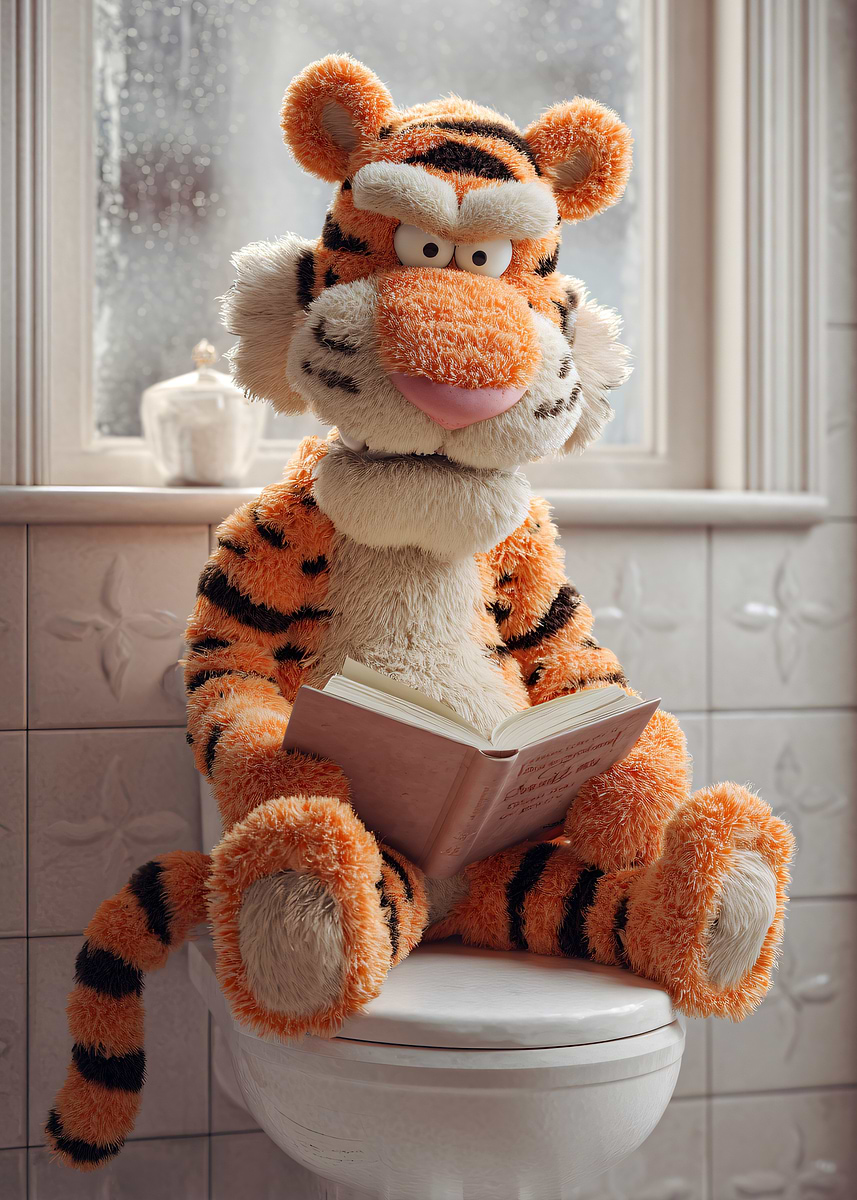 'Tigger reading a book on toilet' Poster, picture, metal print, paint ...