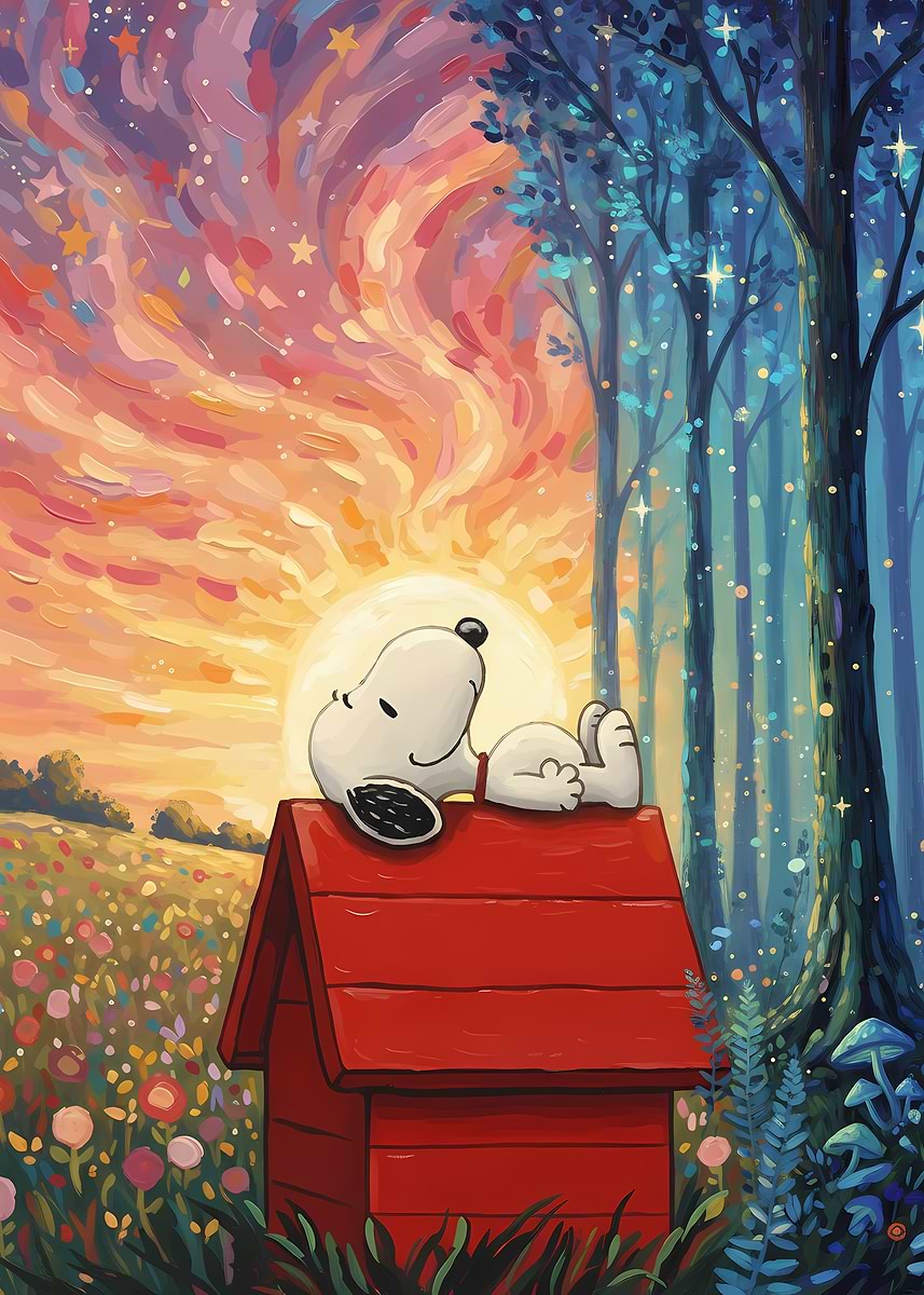 'Snoopy on Doghouse, Day and Night' Poster, picture, metal print, paint ...