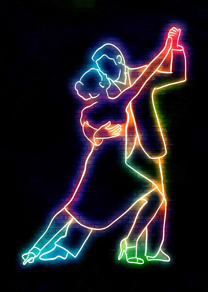 'Neon Tango Dancers on Brick Wall' Poster, picture, metal print, paint ...
