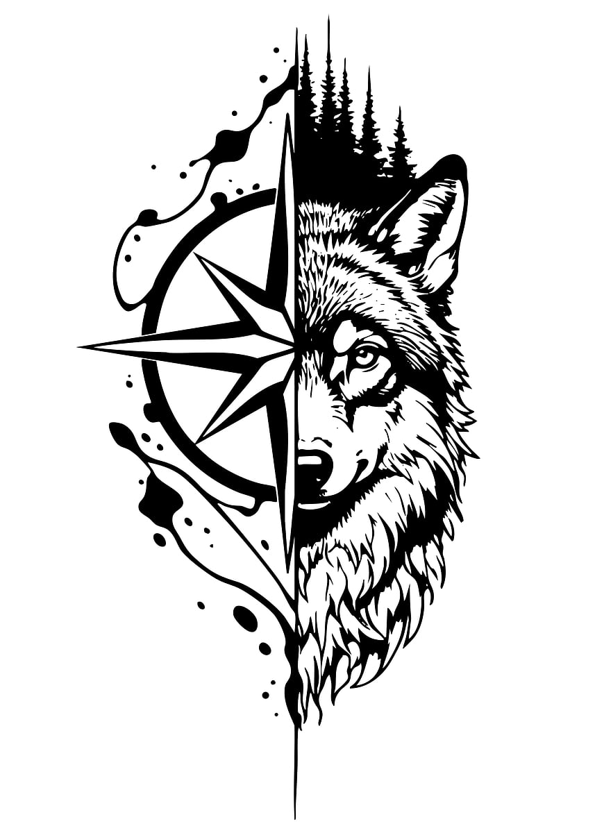 'Wolf and Compass Black and White' Poster, picture, metal print, paint ...