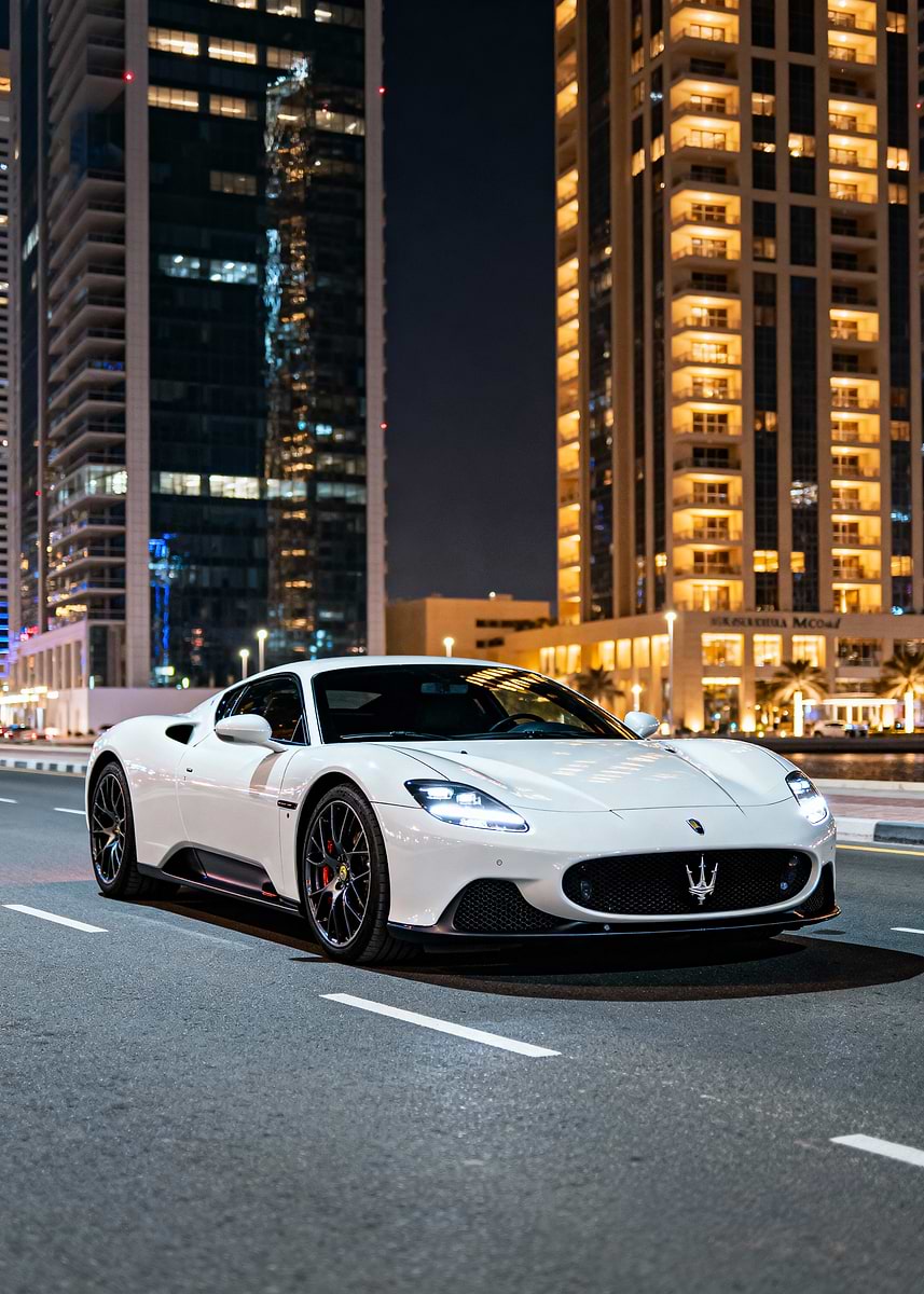 'White Maserati MC20 at Night' Poster, picture, metal print, paint by ...