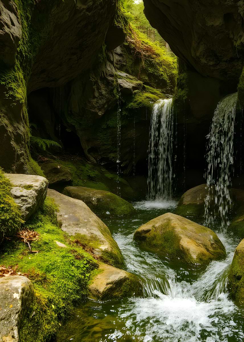 'Mossy Waterfall in a Rocky Grotto' Poster, picture, metal print, paint ...