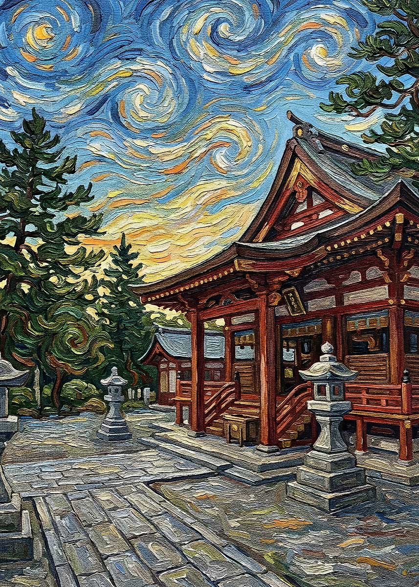 'Japanese Temple in Van Gogh Style' Poster, picture, metal print, paint ...
