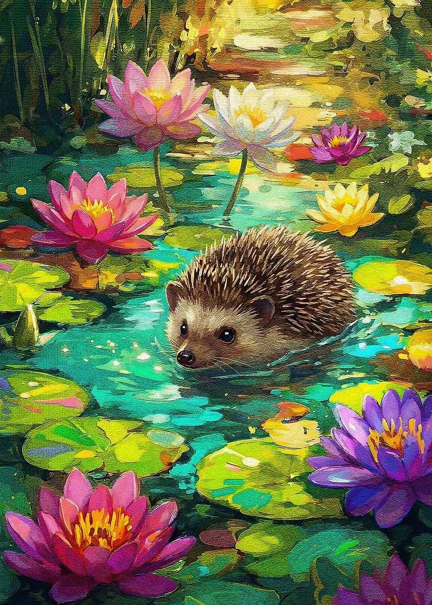 'Hedgehog in Lily Pond Painting' Poster, picture, metal print, paint by ...