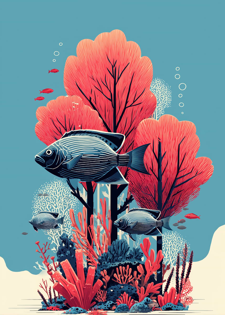 'Stylized Fish in Coral Reef Illustration' Poster, picture, metal print ...