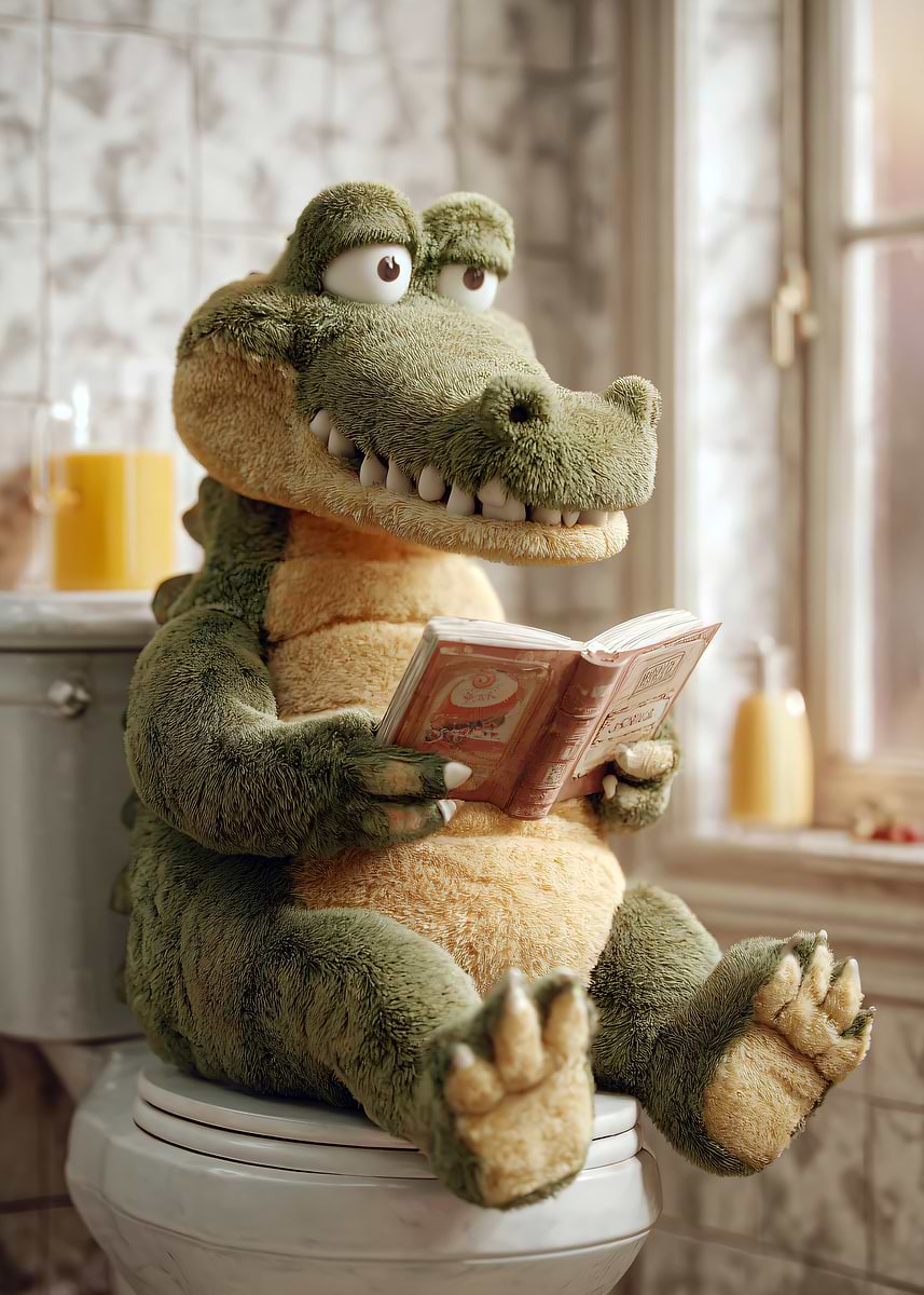 'Alligator Plush Reading on Toilet' Poster, picture, metal print, paint ...