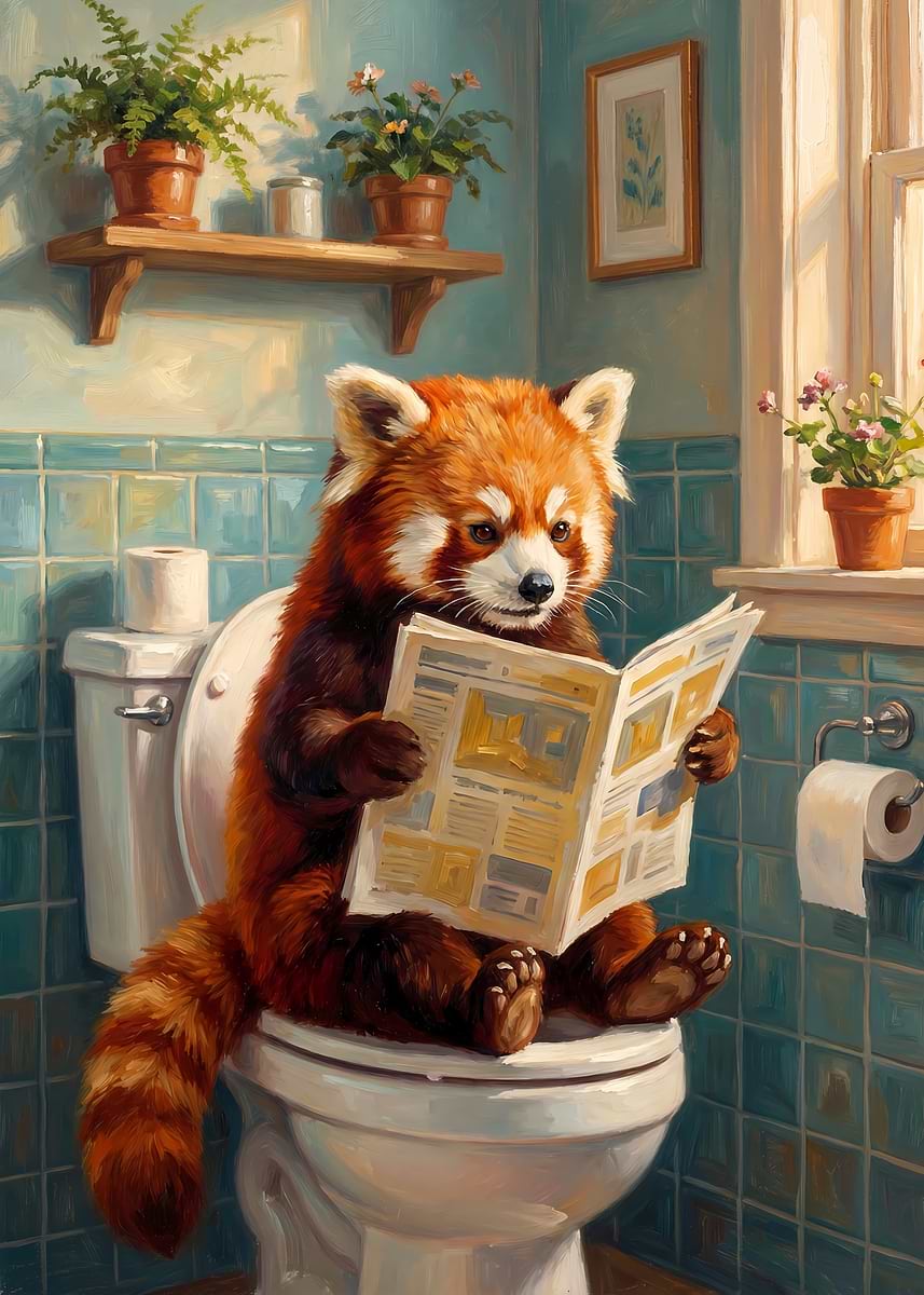 'Red Panda Reading Newspaper on Toilet' Poster, picture, metal print ...