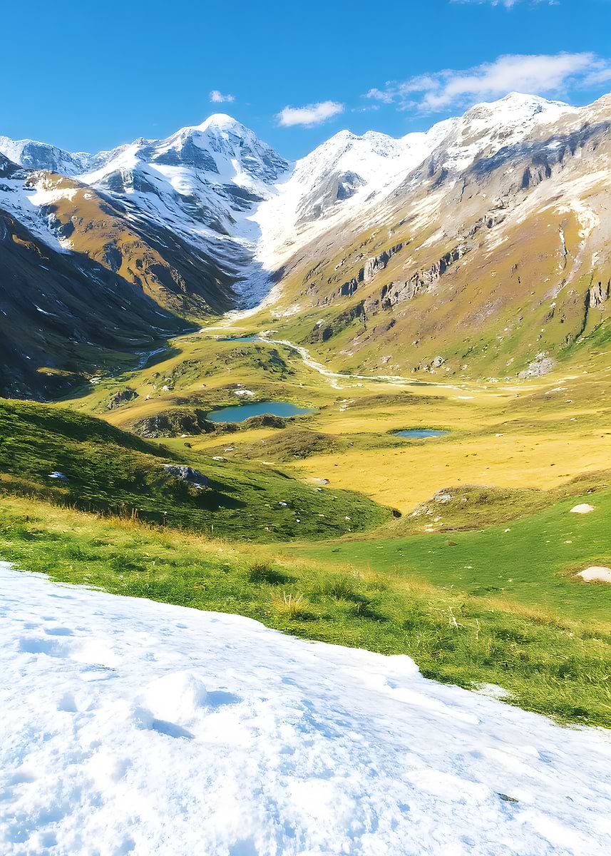 'Snowy Mountain Valley Landscape' Poster, picture, metal print, paint ...