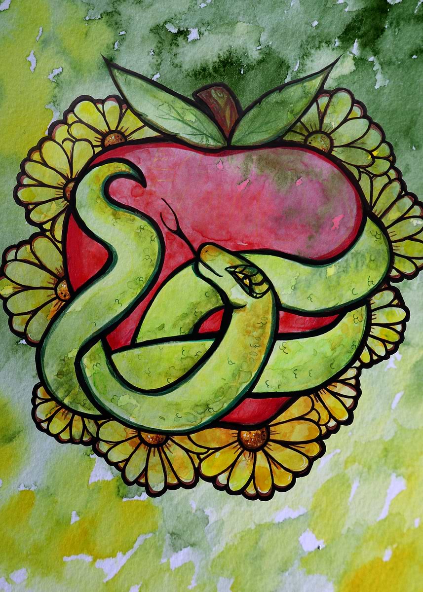 'Apple, Snake, and Flowers Watercolor Painting' Poster, picture, metal ...