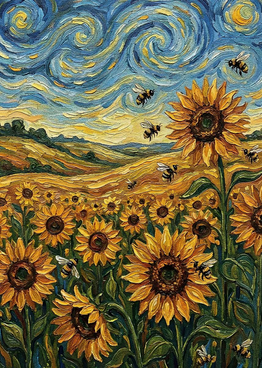 'Sunflower Field with Bees, Van Gogh Style' Poster, picture, metal ...