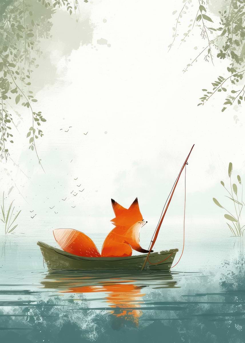 'Fox fishing on a lake' Poster, picture, metal print, paint by ...