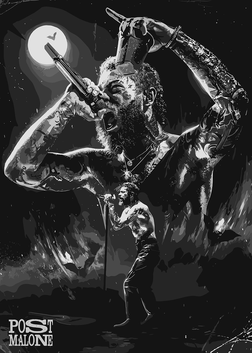 'Post Malone Monochrome Concert Illustration' Poster, picture, metal ...