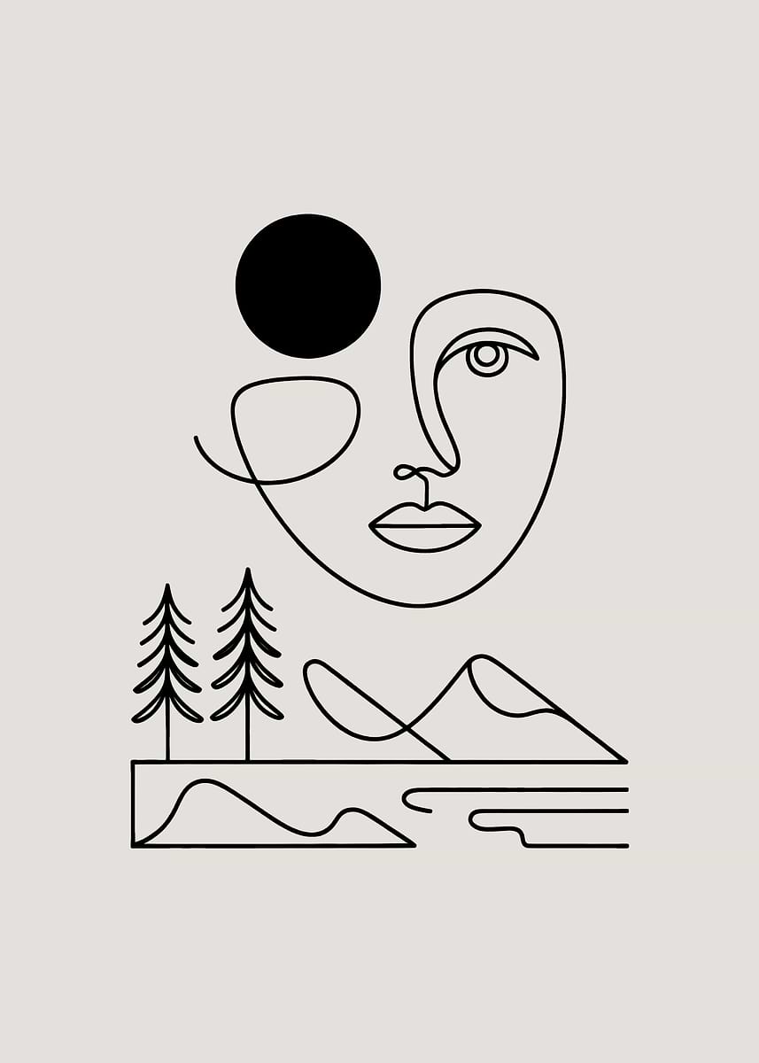 'Minimalist Face and Landscape Line Art' Poster, picture, metal print ...