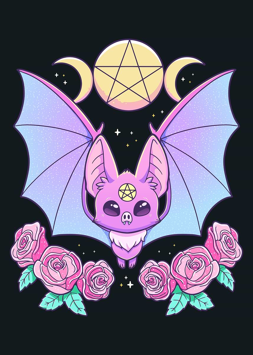 'Pastel Goth Bat with Roses and Moon' Poster, picture, metal print ...