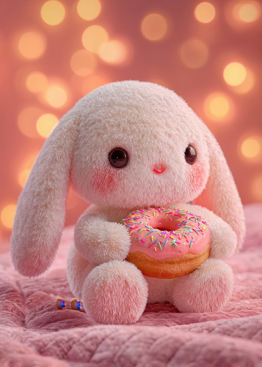 'Cute Bunny Plush with Donut' Poster, picture, metal print, paint by ...