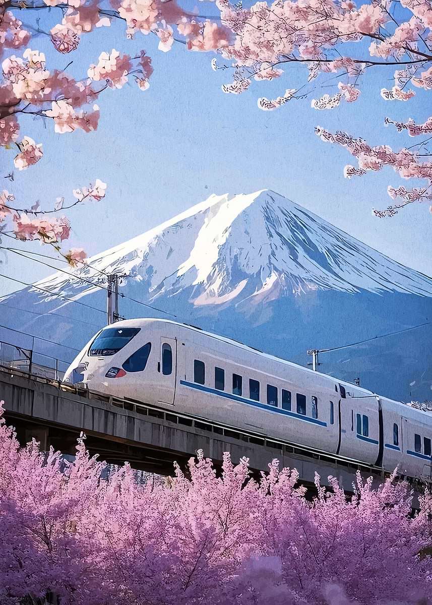 'Japanese Train with Mount Fuji and Cherry Blossoms' Poster, picture ...
