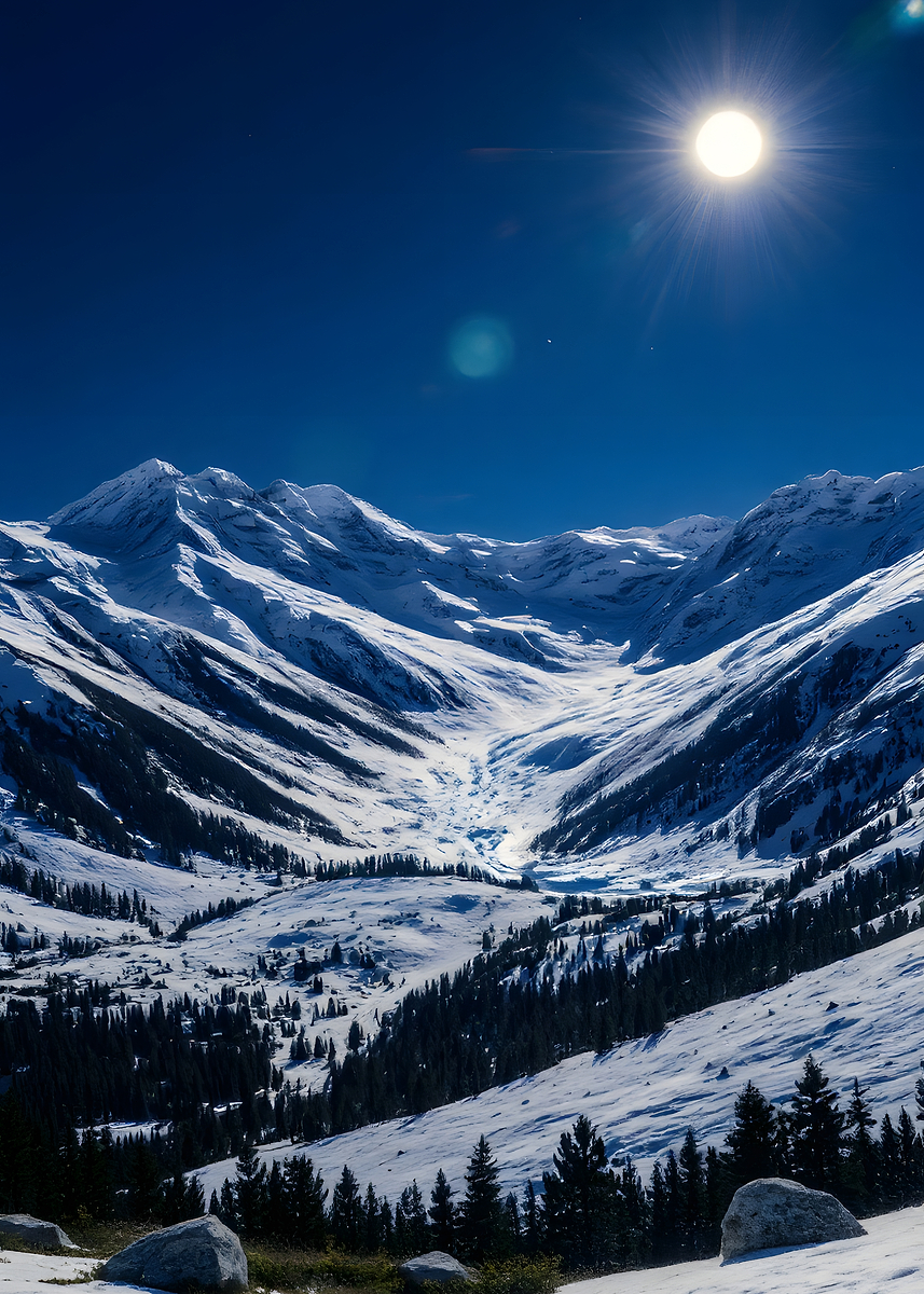 'Snowy Mountain Range Under Bright Sun' Poster, picture, metal print ...