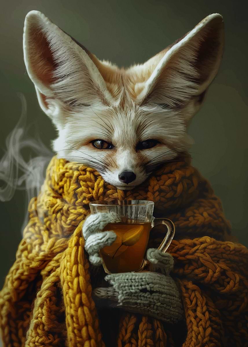 'Cozy Fennec Fox with Tea' Poster, picture, metal print, paint by ...